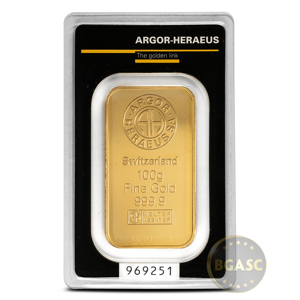 100 Gram Argor Heraeus Gold Bar (New w/ Assay) l BGASC™