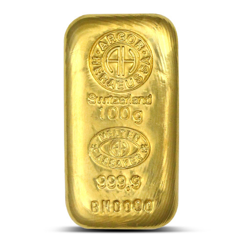 100 Gram Argor Heraeus Cast Gold Bar (New w/ Assay) l BGASC™
