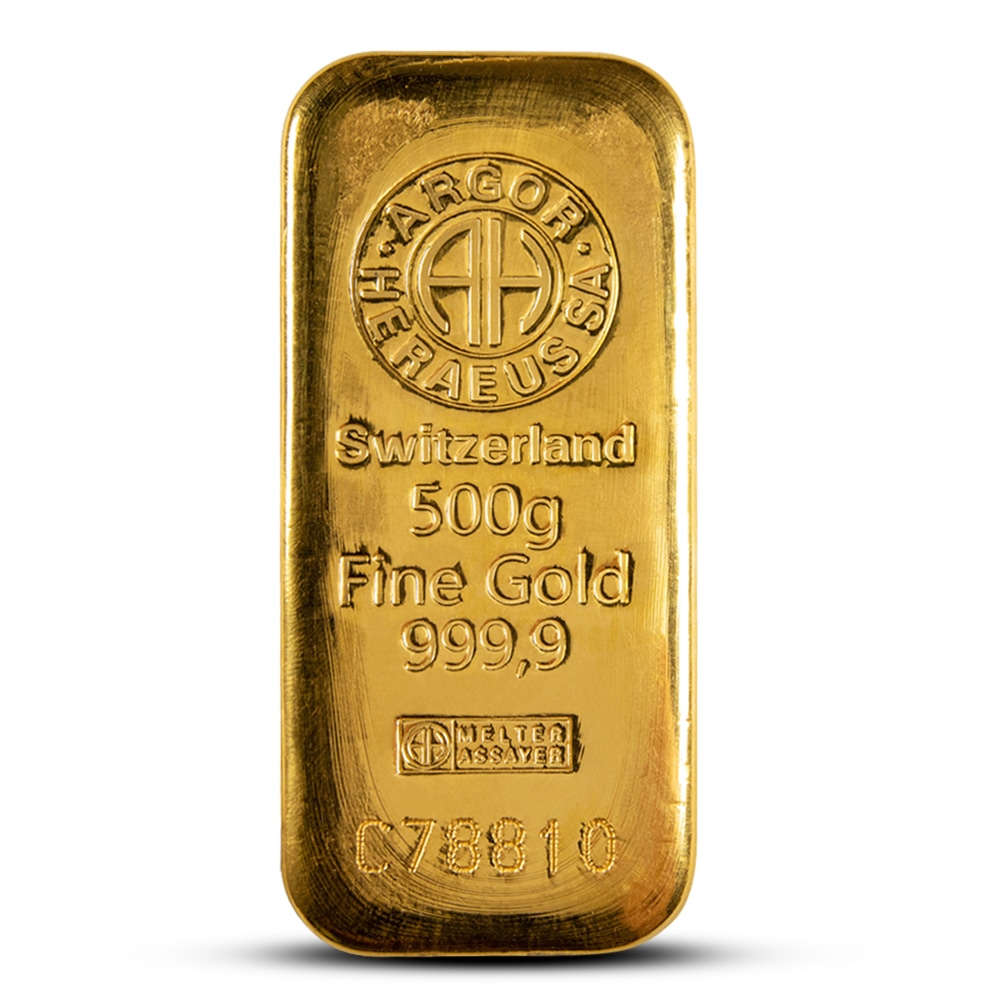 500 Gram Argor Heraeus Cast Gold Bar (New w/ Assay) l BGASC™