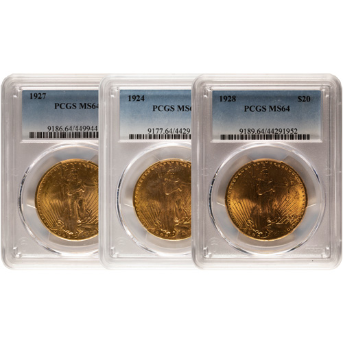 Pre-33 $20 Saint Gaudens Gold Double Eagle PCGS MS64 (1924,1927-1928) l ...