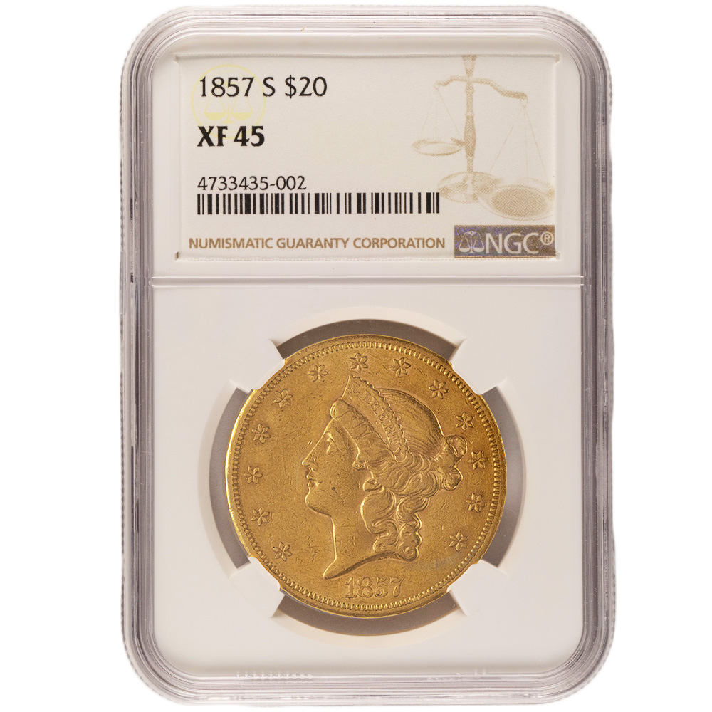 1857-S Pre-33 $20 Liberty Gold Double Eagle Coin NGC XF45 l BGASC™