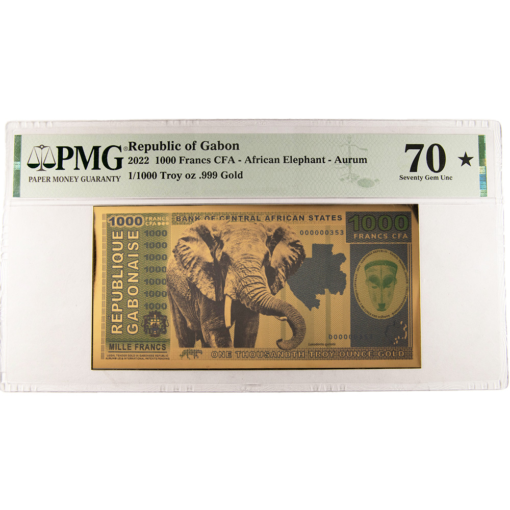 2022 1/1000 oz Republic of Gabonaise Elephant Gold Note (PMG MS70) l BGASC™