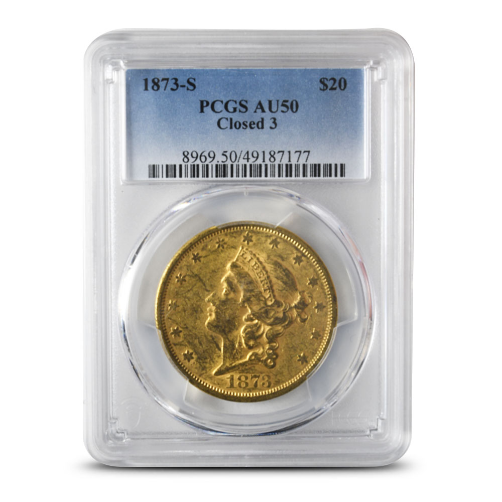 1873-S Pre-33 $20 Liberty Gold Double Eagle Coin Closed 3 PCGS AU50 l BGASC™