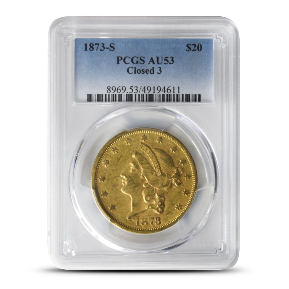 1873-S Pre-33 $20 Liberty Gold Double Eagle Coin Closed 3 PCGS AU53 l BGASC™