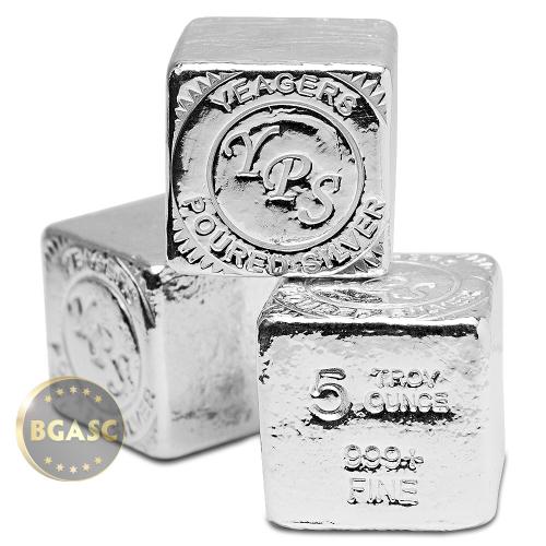 5 oz Silver Cube Yeager's Poured .999 Fine Silver Bullion